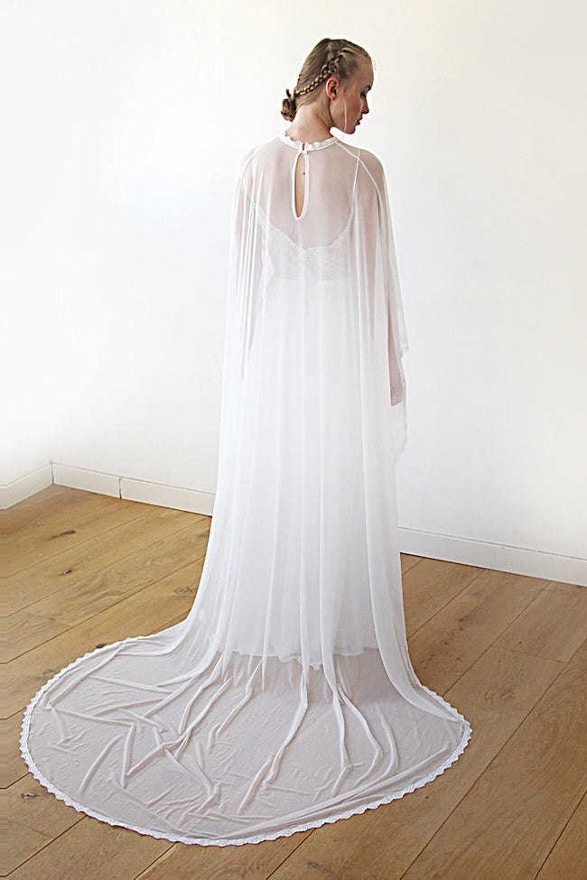 Chiffon Mesh Ivory Cape with Train | Unique Cover-Up #4028
