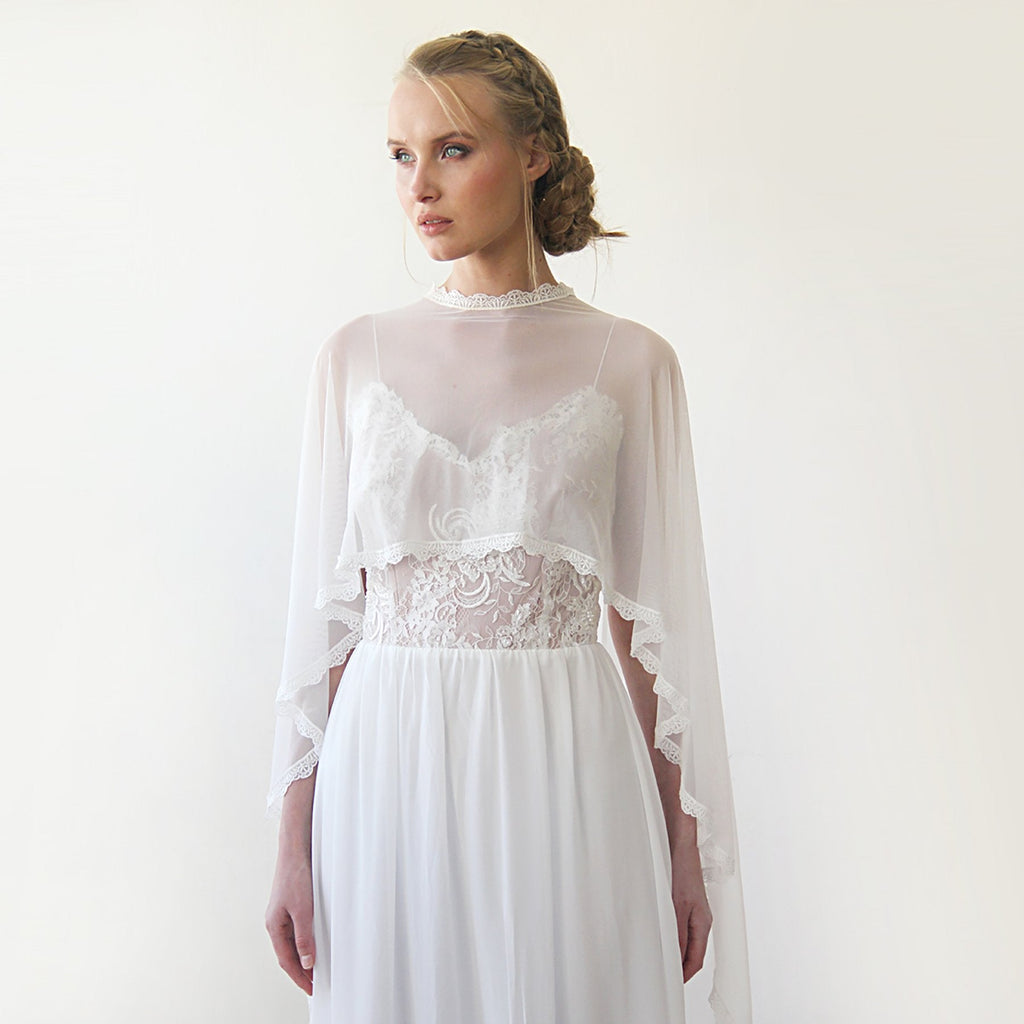 Chiffon Mesh Ivory Cape with Train | Unique Cover-Up #4028