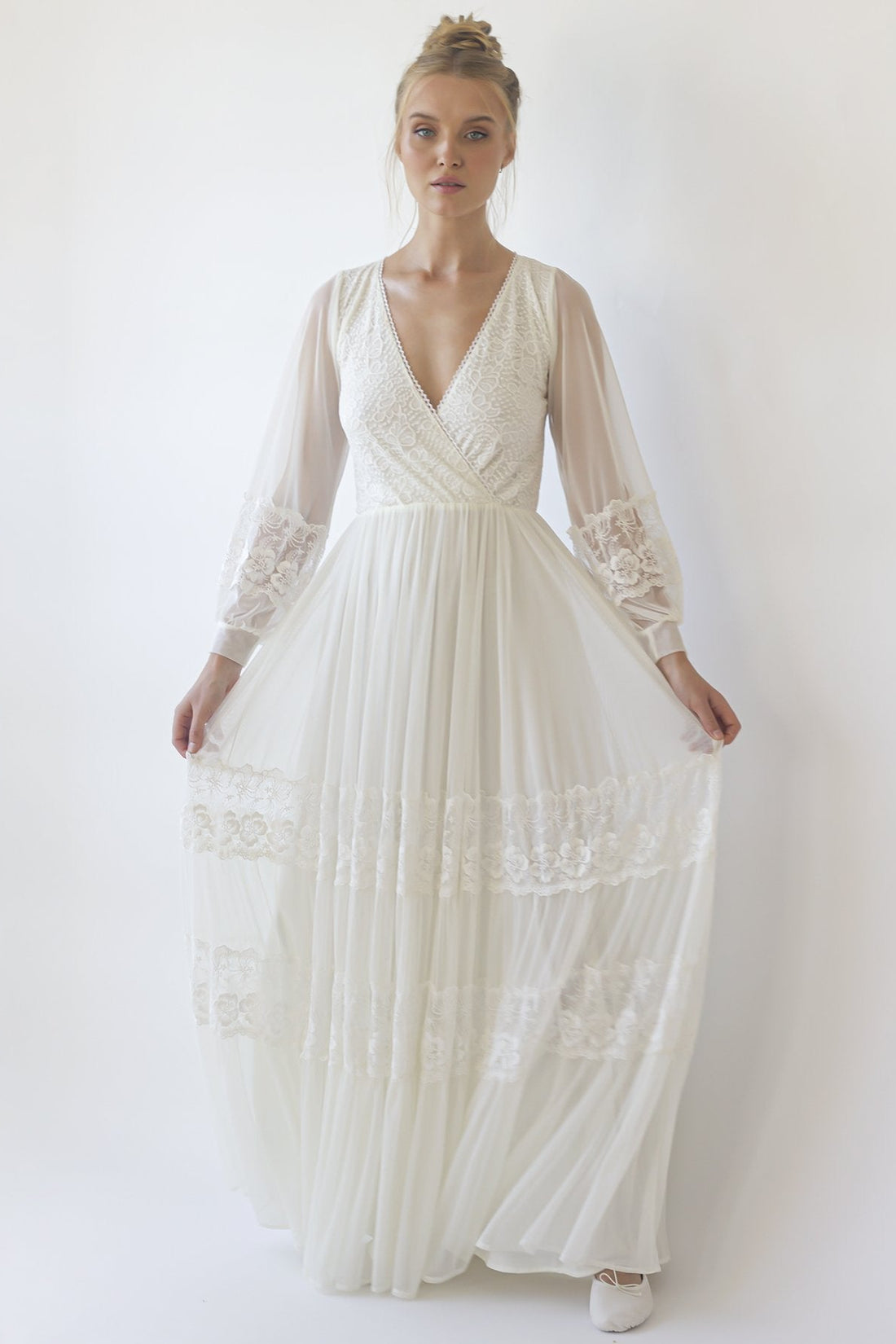 Ivory Wrap lace wedding dress with chiffon mesh #1352