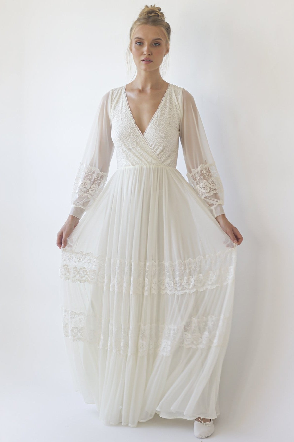 Ivory Wrap lace wedding dress with chiffon mesh #1352