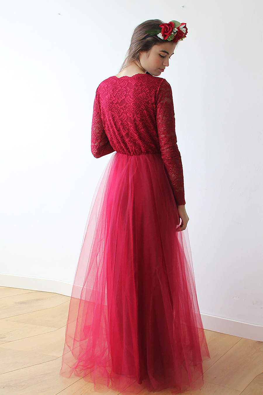 Bordeaux Tulle and Lace Wedding Dress with V-Neckline #1125