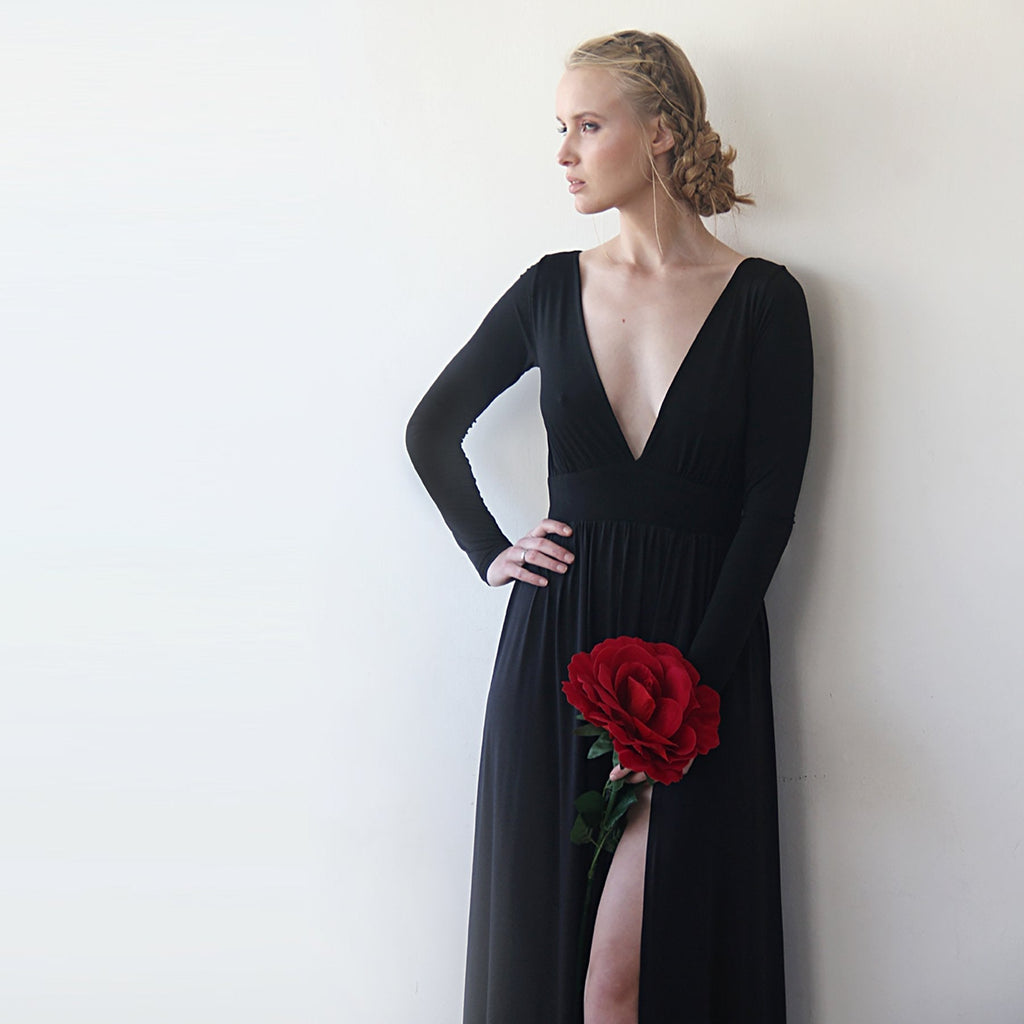 Deep-v Neckline Black Dress #1198
