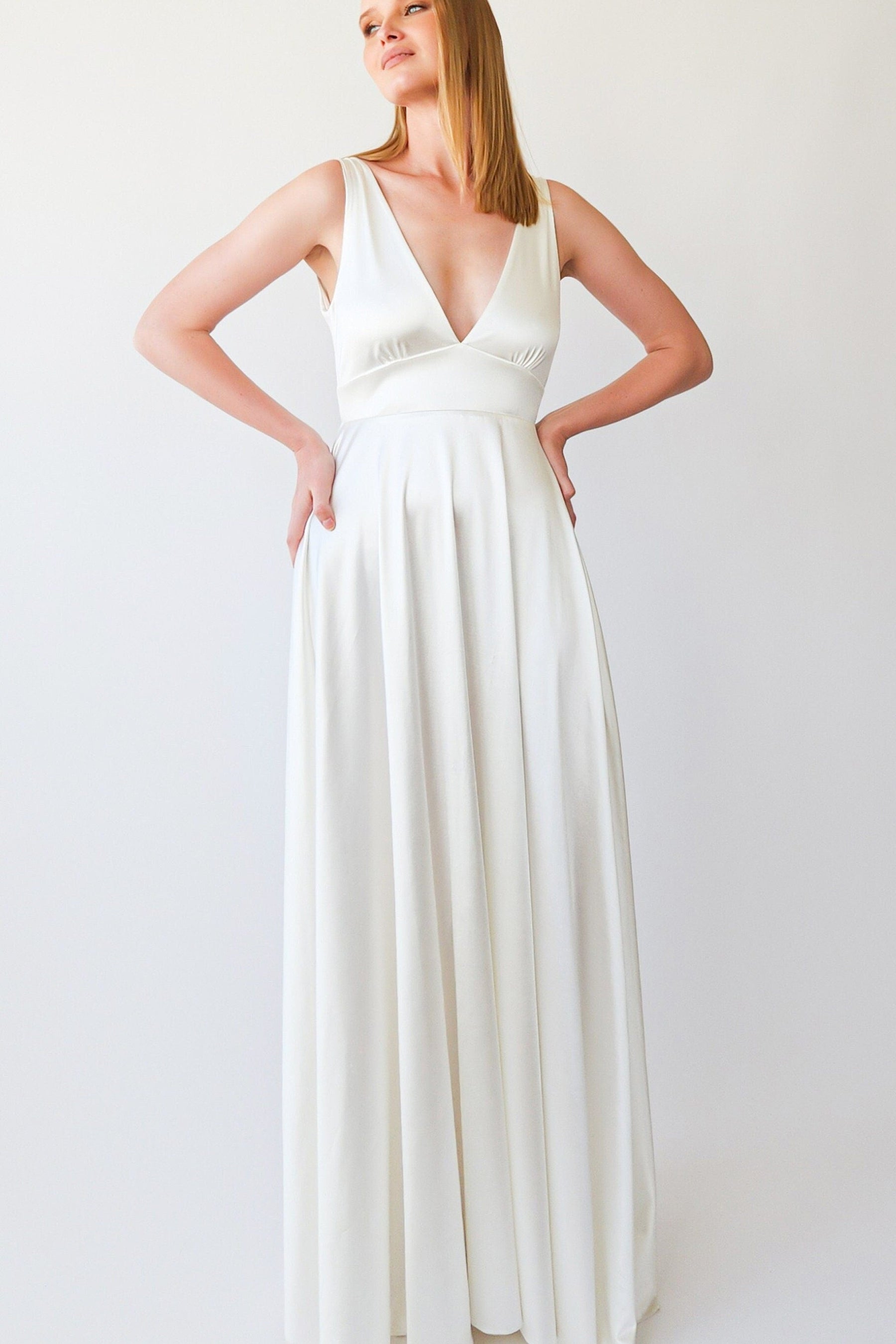 Silky Satin Deep V Neckline Handmade Wedding Dress #1395