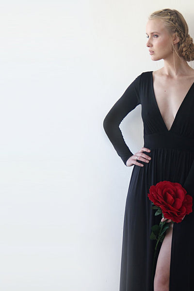 Deep-v Neckline Black Dress #1198