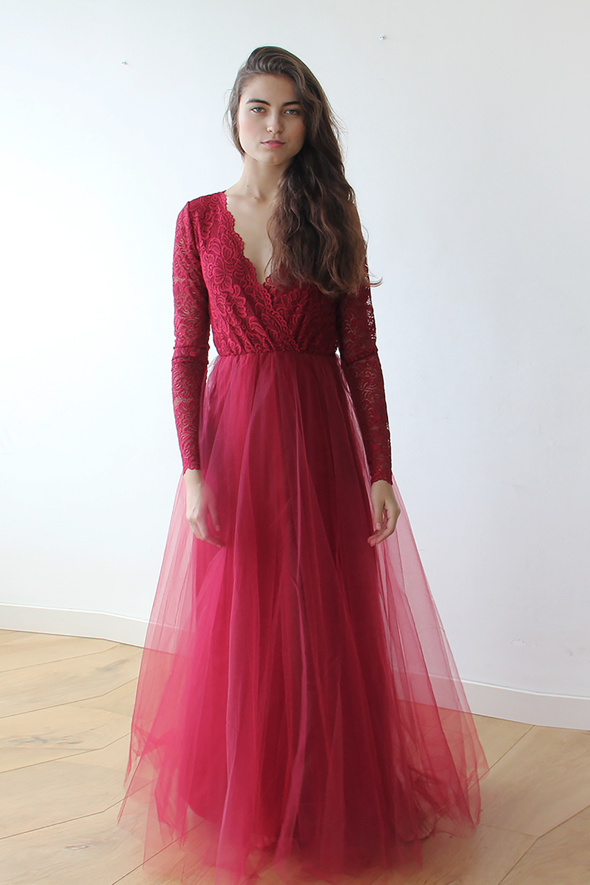 Bordeaux Tulle and Lace Wedding Dress with V-Neckline #1125